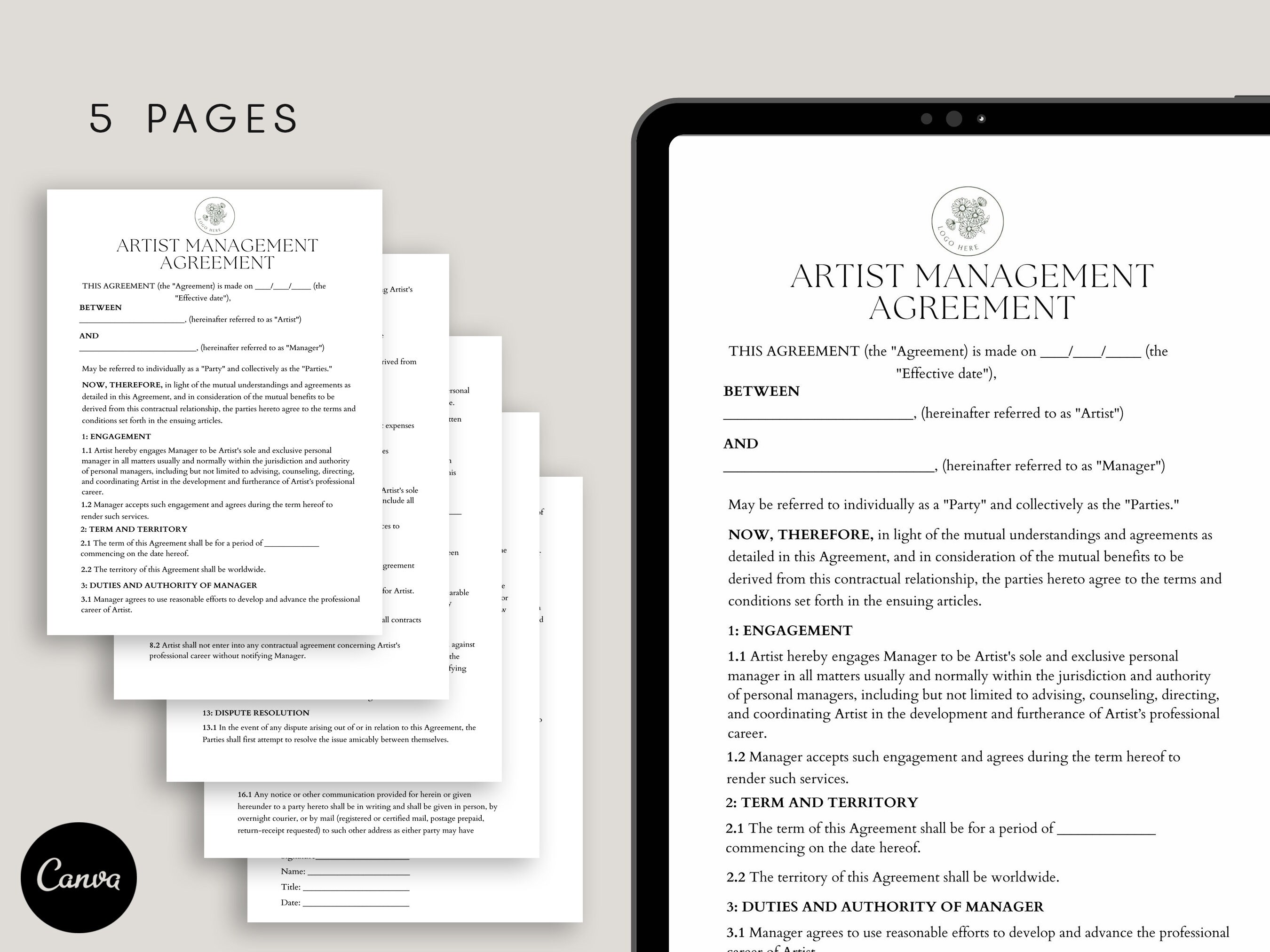 Artist Management Agreement, Talent Agency Contract, Personal Manager ...