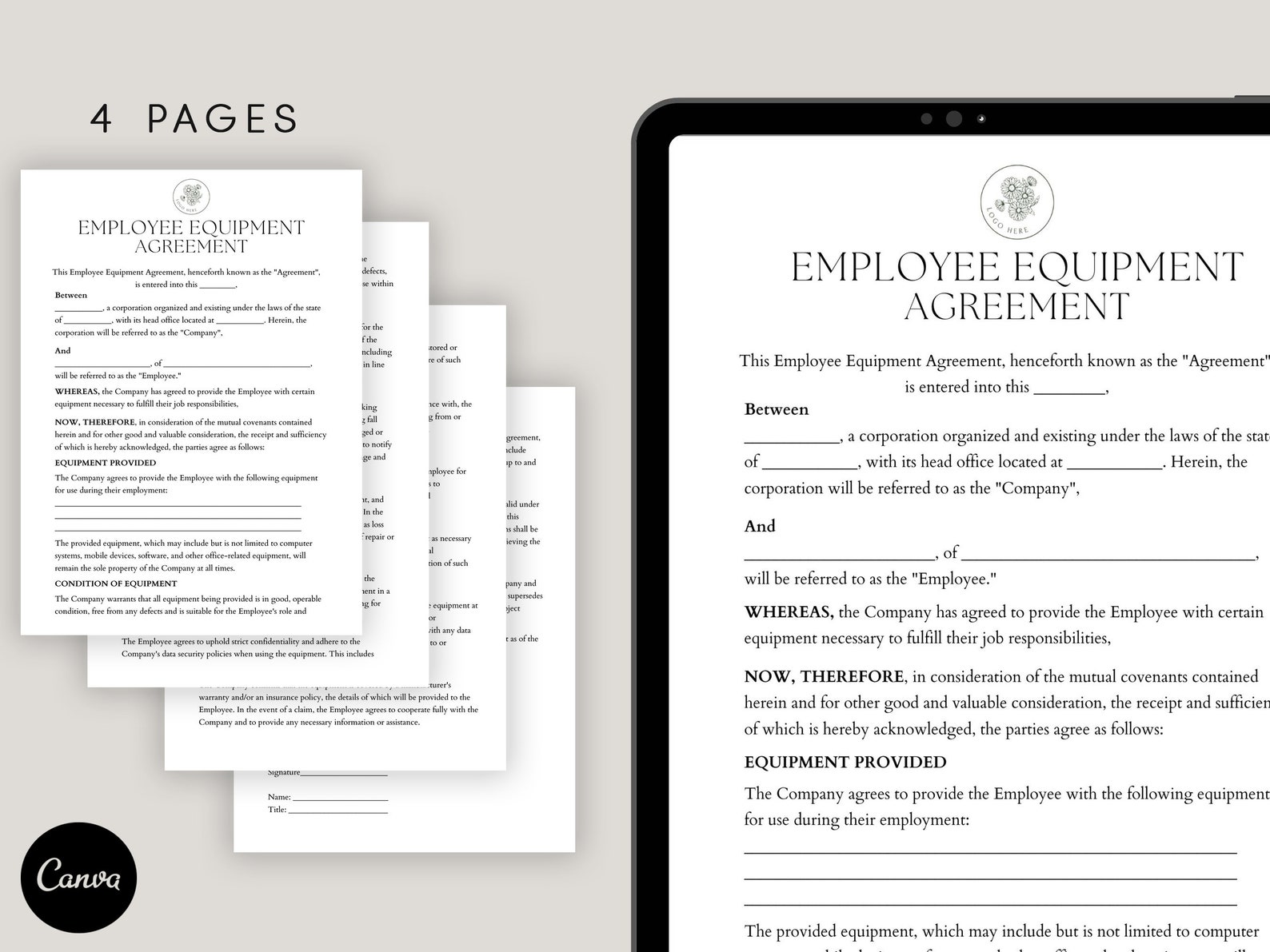 Editable Employee Equipment Agreement, Workplace Equipment Contract ...