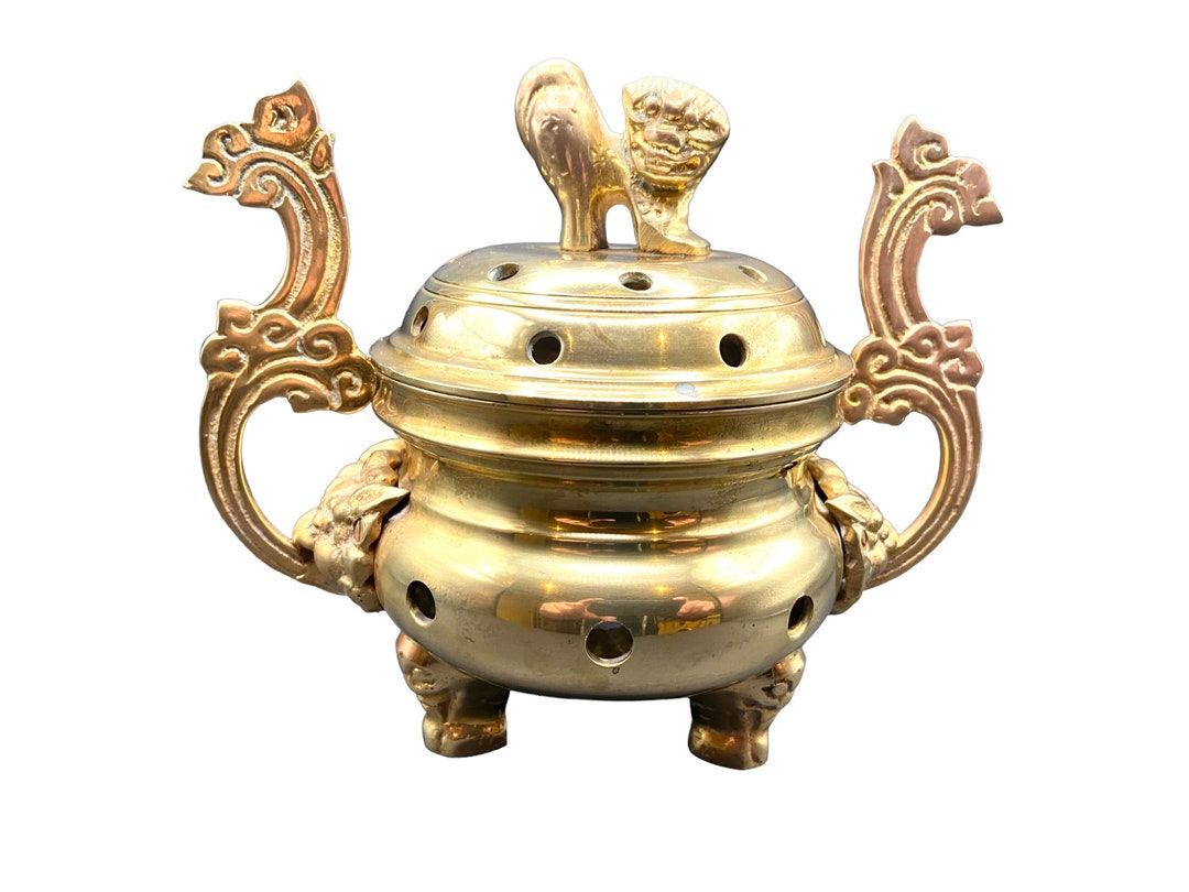 Vintage Oriental Brass Foo Dog Tripod Censer Incense Burner Alter ...
