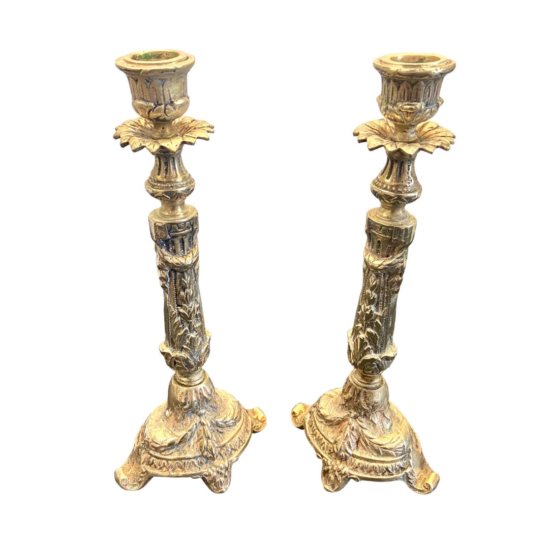 Antique Victorian Circa 1900 Pair of Ornate Heavy Brass Candlesticks ...