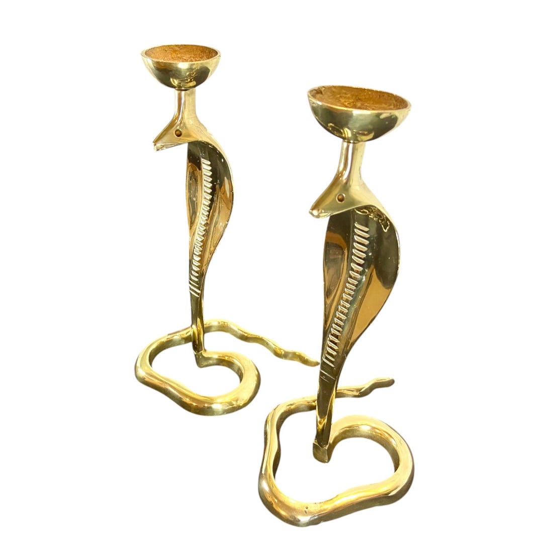 Vintage Pair of Stylish Brass Cobra Candlesticks Cobra Snake Tea Light ...