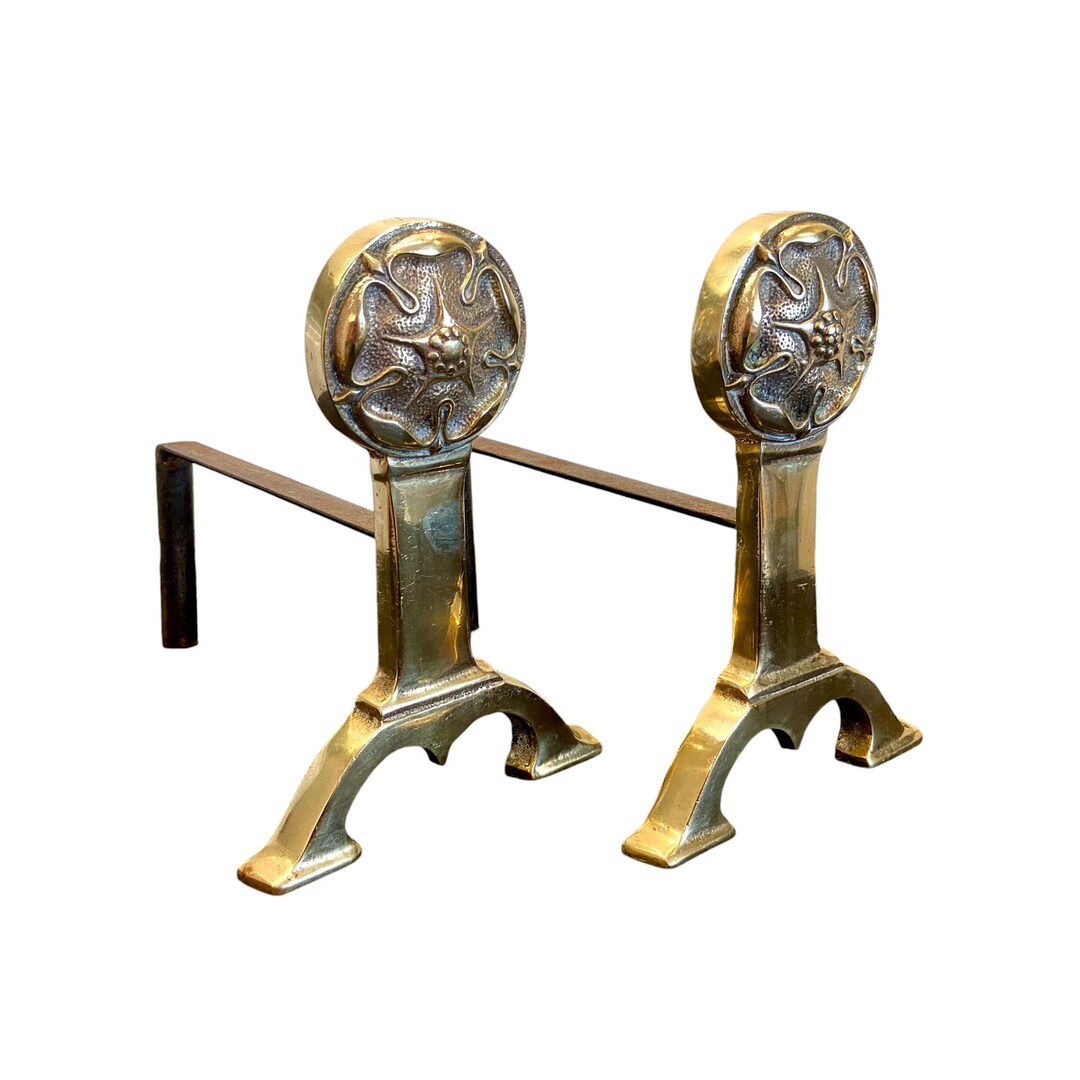Antique Victorian Circa 1900 Pair of Brass Fireside Fire Dogs With Rose ...