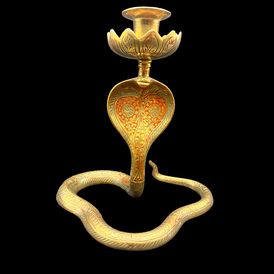 Vintage Enameled Brass Cobra Candlestick Cobra Snake Candle Stick Boho ...
