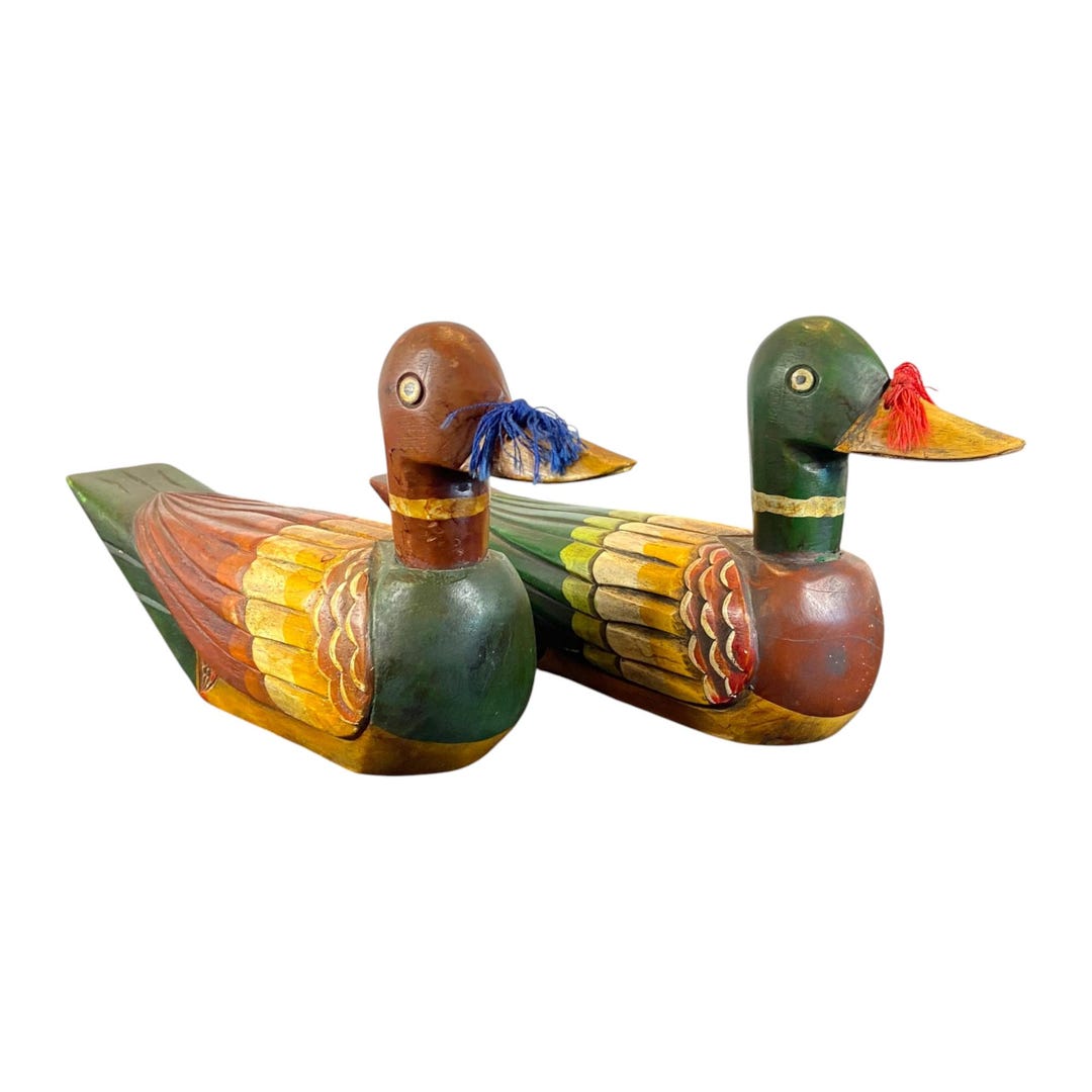 Vintage Wood Hand Carved and Painted in Vibrate Colours Pair of Ducks ...