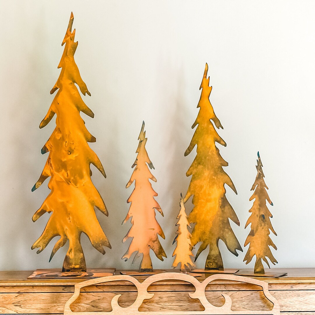 Metal Tree Sculpture Set, Modern Rustic Mantle Pine Trees, Tabletop ...