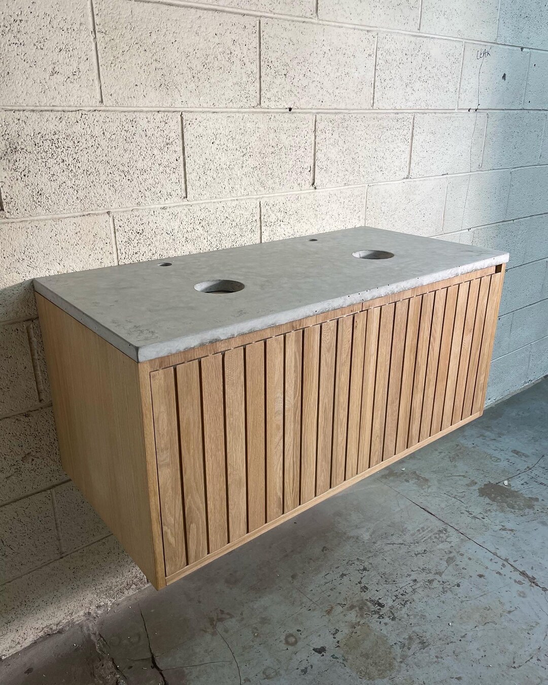 Slatted Oak Double Vanity Unit With Polished Concrete Top - Etsy UK