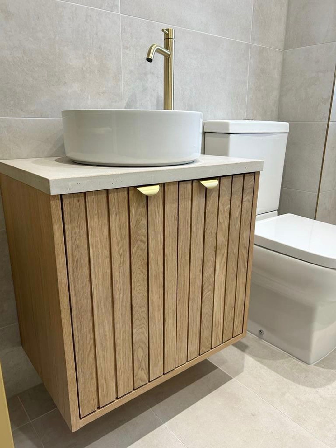 Slatted Oak Vanity Unit With Polished Concrete Top - Etsy UK