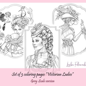 Set of 3 Grey Scale Coloring Pages, Victorian Fashion and Fantasy - PDF ...