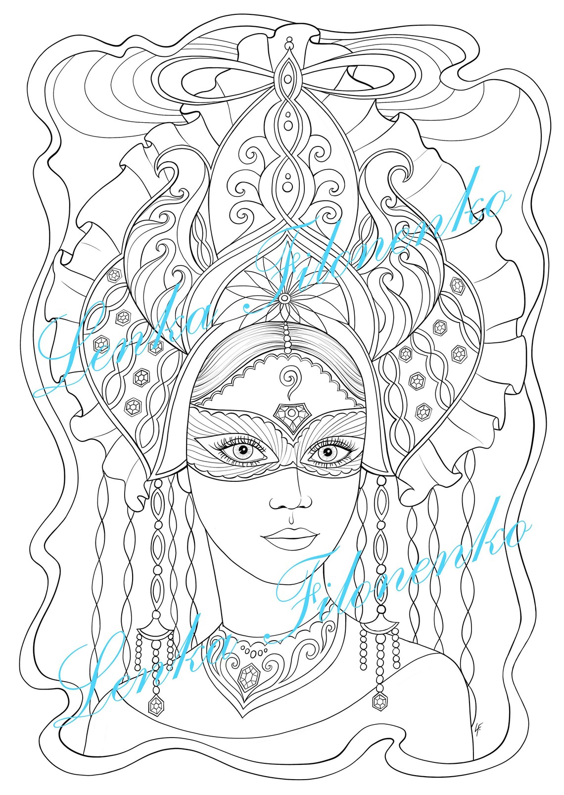 Coloring Page for Adults Lady Infinity With a Mask Line | Etsy