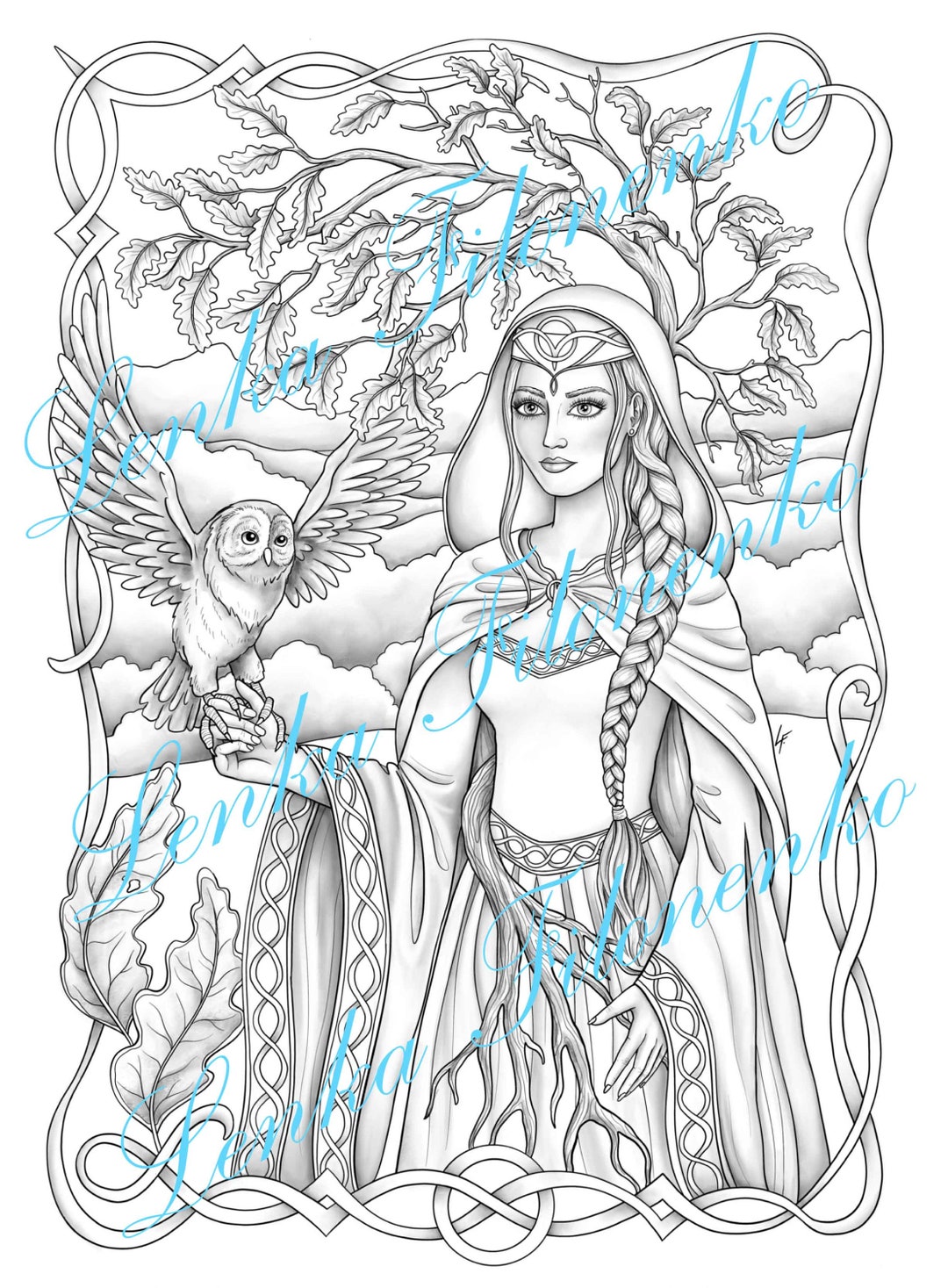 Coloring Page for Adults, Celtic Druid Lady With Owl - Grey Scale, PDF ...
