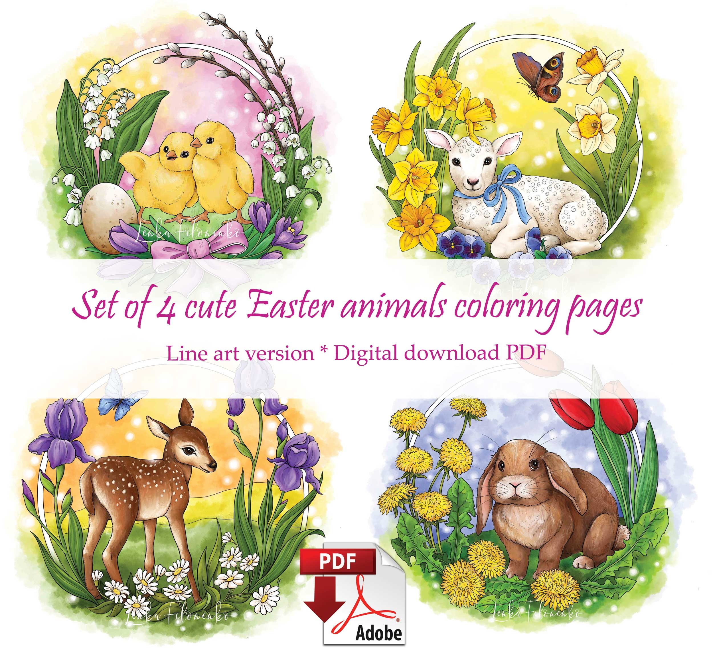 Set of 4 Line Art Coloring Pages Cute Easter Animals PDF - Etsy