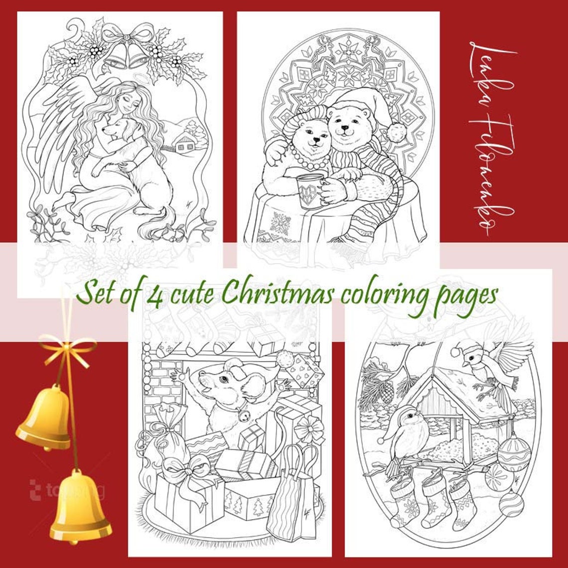 Set of 4 Christmas LINE ART Coloring Pages 2020 PDF Download | Etsy
