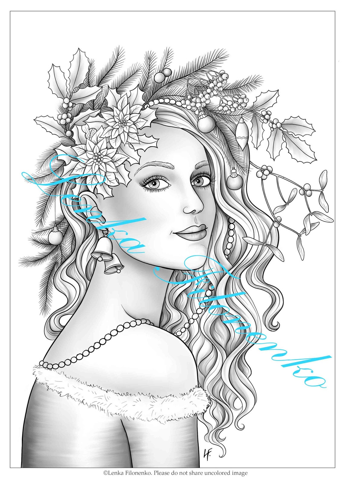 Coloring Page for Adults Christmas Girl Grey Scale PDF - Etsy