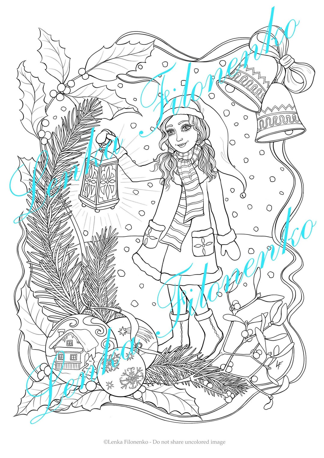 Coloring Page for Adults, Christmas Girl With Lamp, Line Art PDF ...