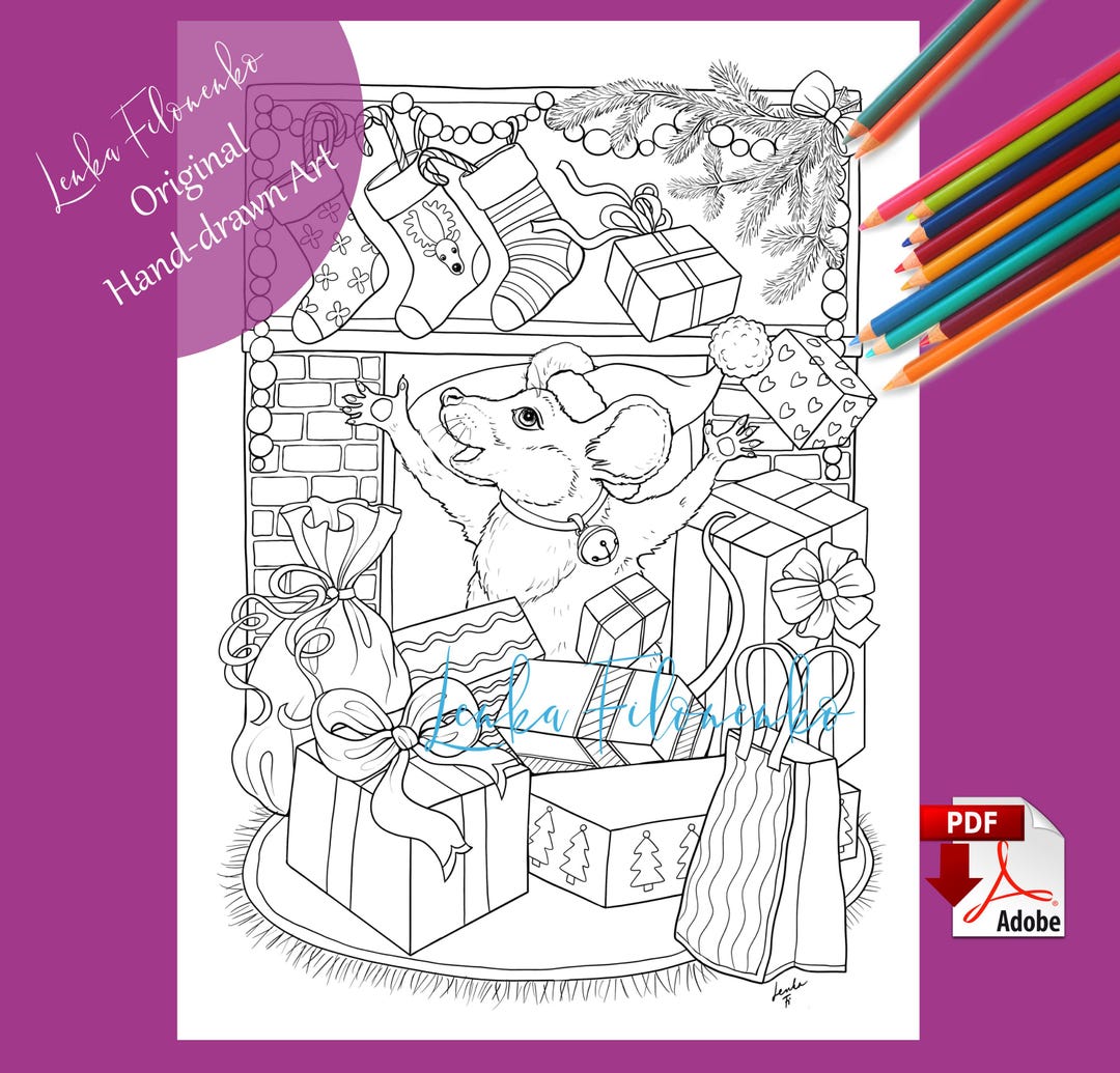 Christmas Coloring Page Happy Mouse, Line Art PDF Download Printable - Etsy