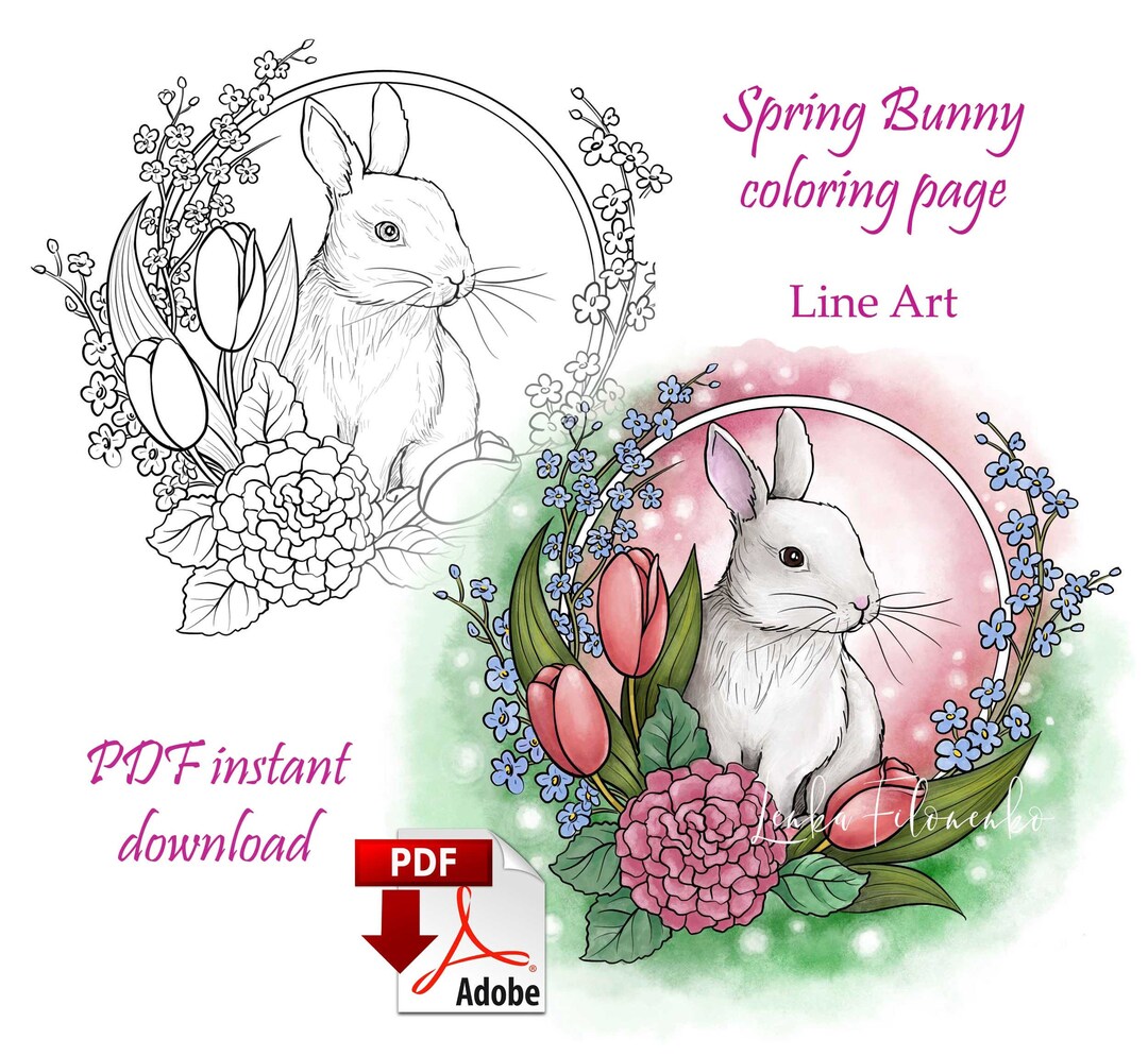 Spring Rabbit Line Art Coloring Page - Hand Drawn (PDF Download) - Etsy