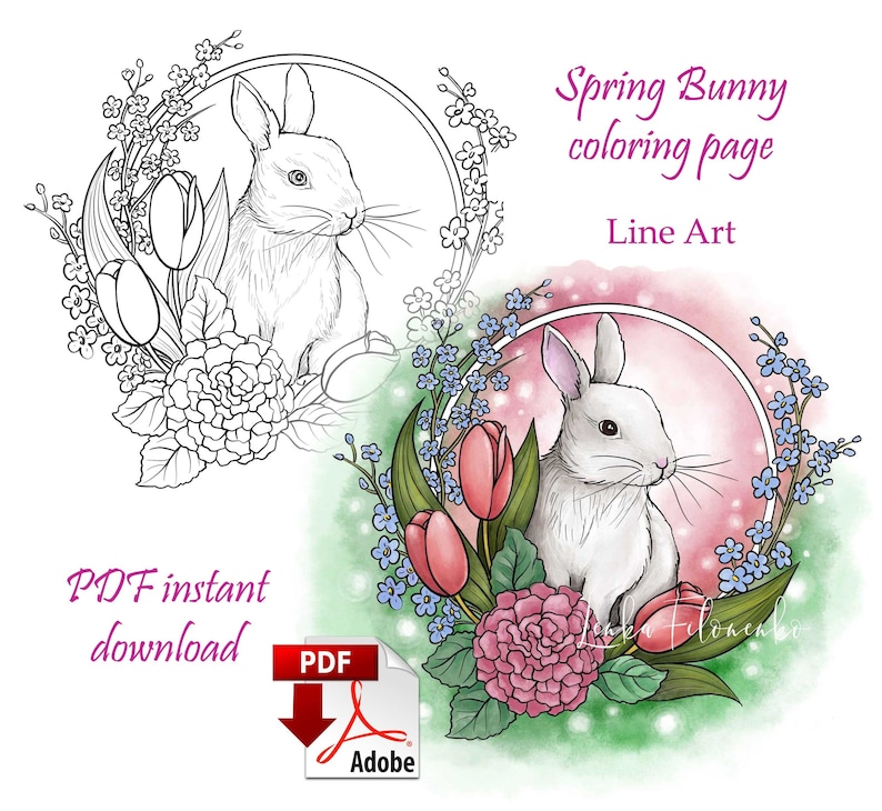 Coloring Page Line Art Cute Spring Rabbit PDF Download and - Etsy