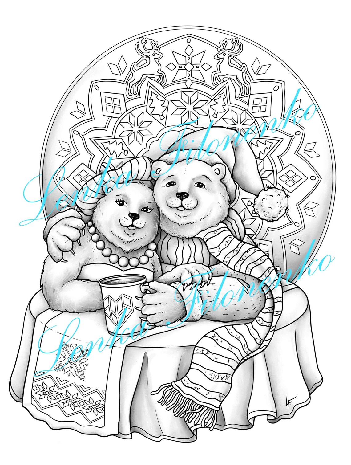 Christmas Coloring Page Winter Bears Couple Greyscale PDF - Etsy
