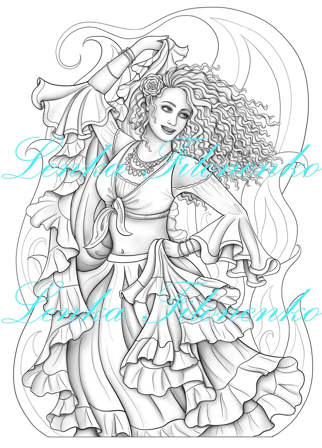 Coloring Page for Adults Gypsy Dancer Greyscale PDF - Etsy