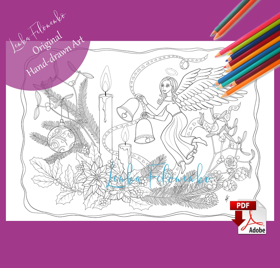 Christmas Coloring Page, Angel With Christmas Candle and Decoration of ...
