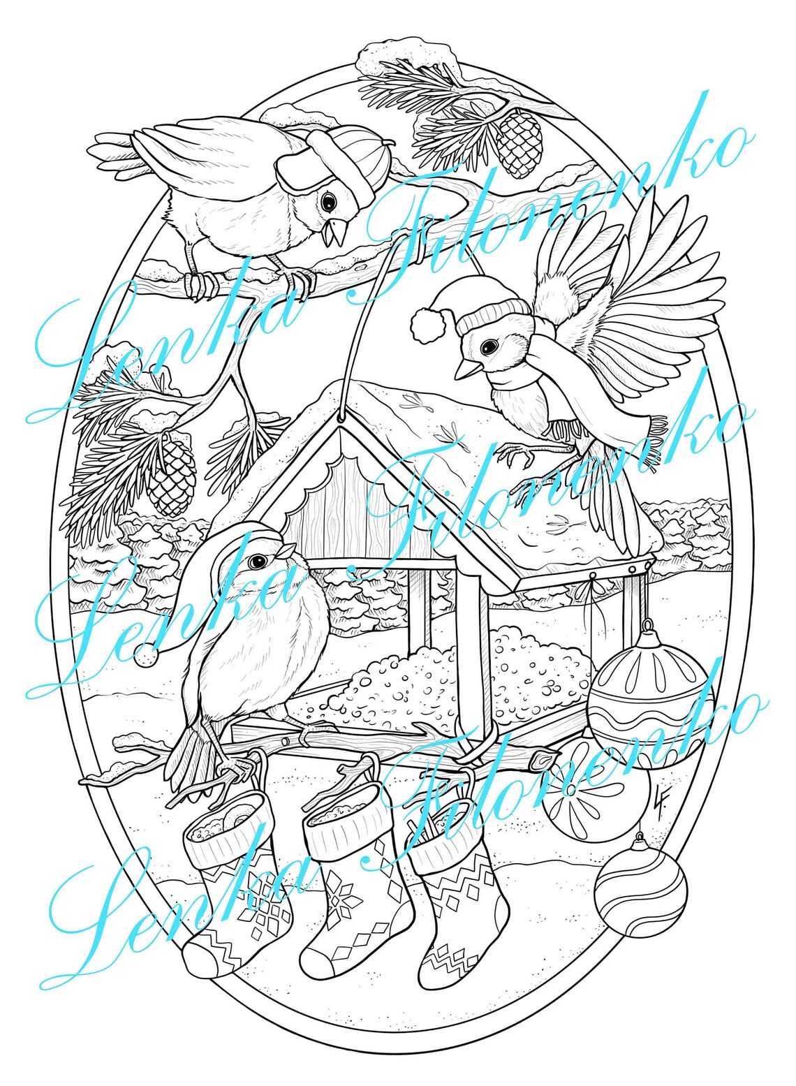 Christmas Coloring Page Cute Birds Line Art PDF Download | Etsy