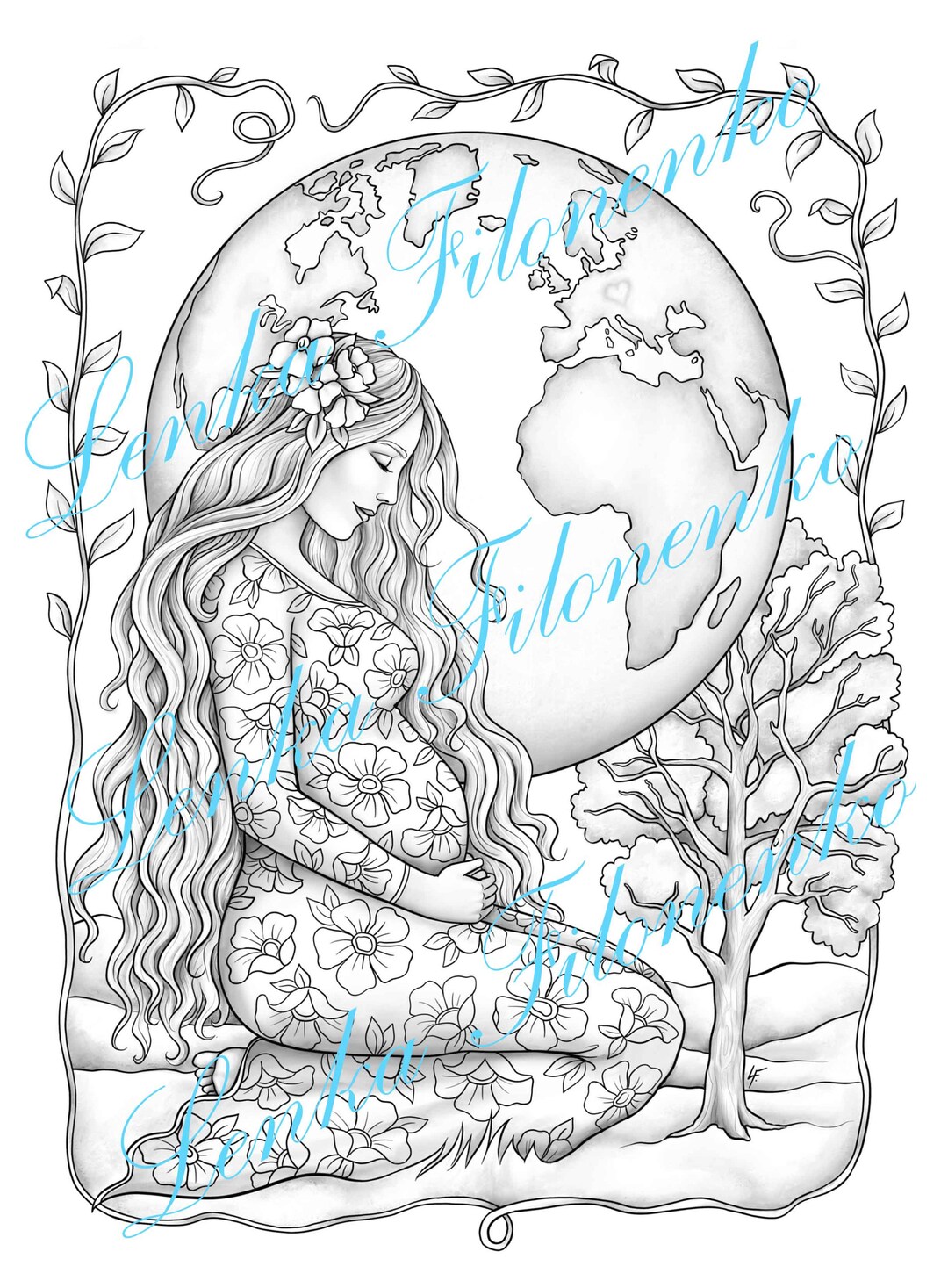 Coloring Page for Adults, Mother Earth Gaia Grey Scale, PDF Download ...