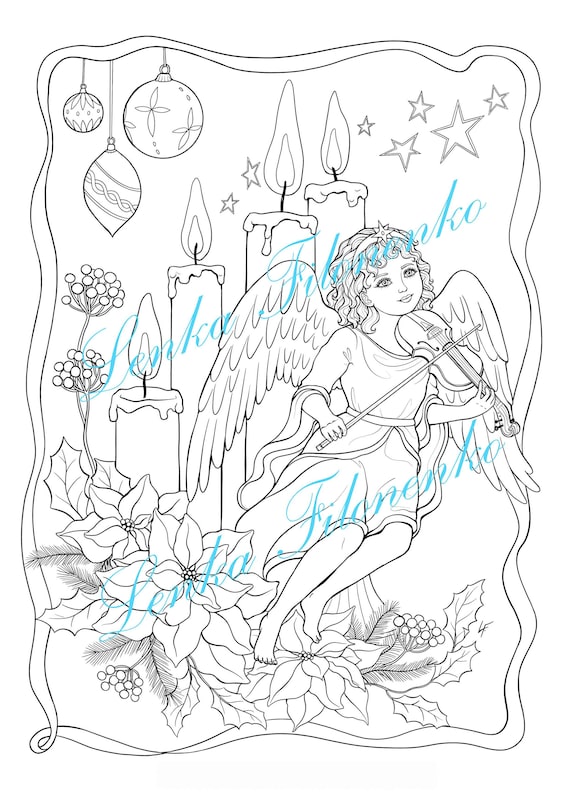 Coloring Page for Adults Christmas Vintage Angel With Violin | Etsy