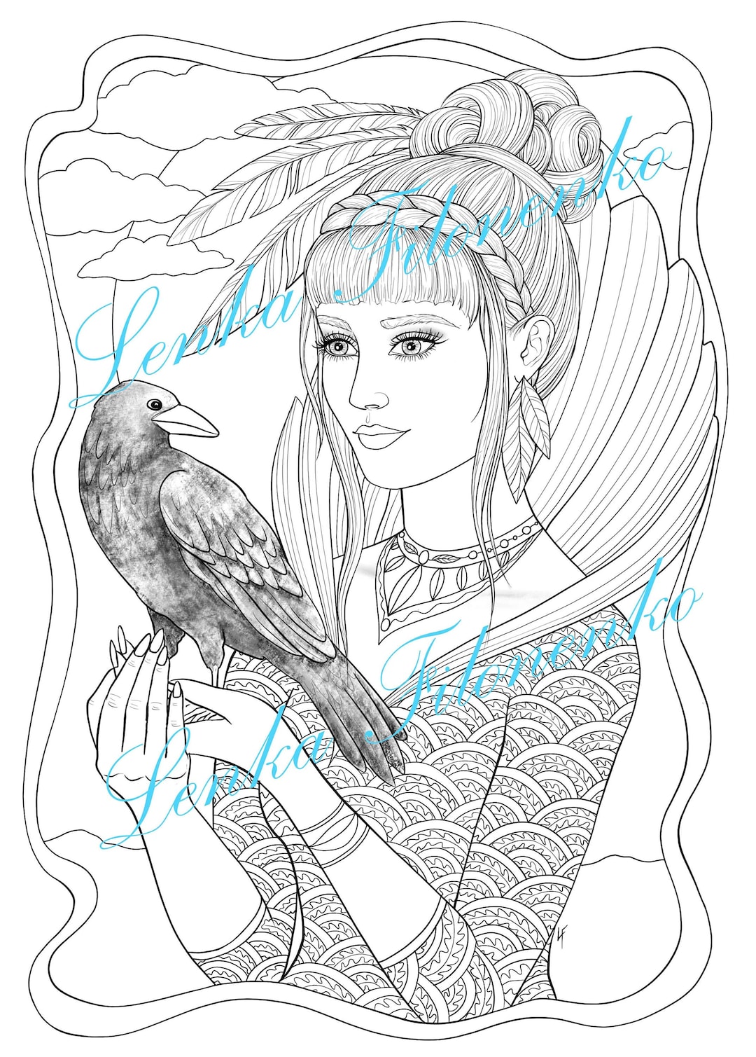 Coloring Page for Adults, Raven Lady With Feathers - Line Art, PDF ...