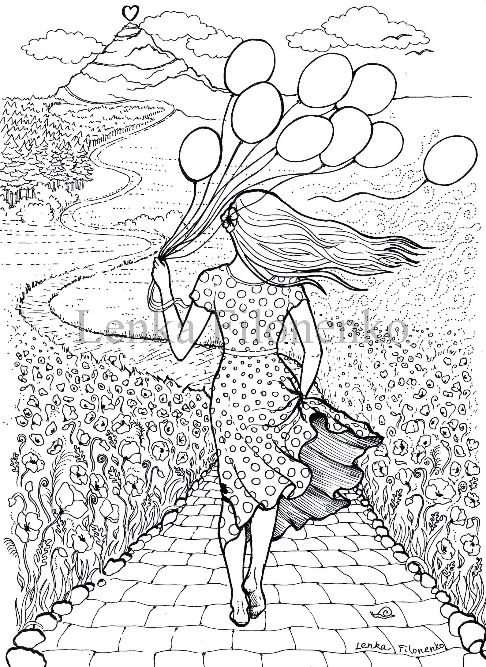 Coloring Page for Adults, Coloring Page Heart Mountain, Adult Coloring ...