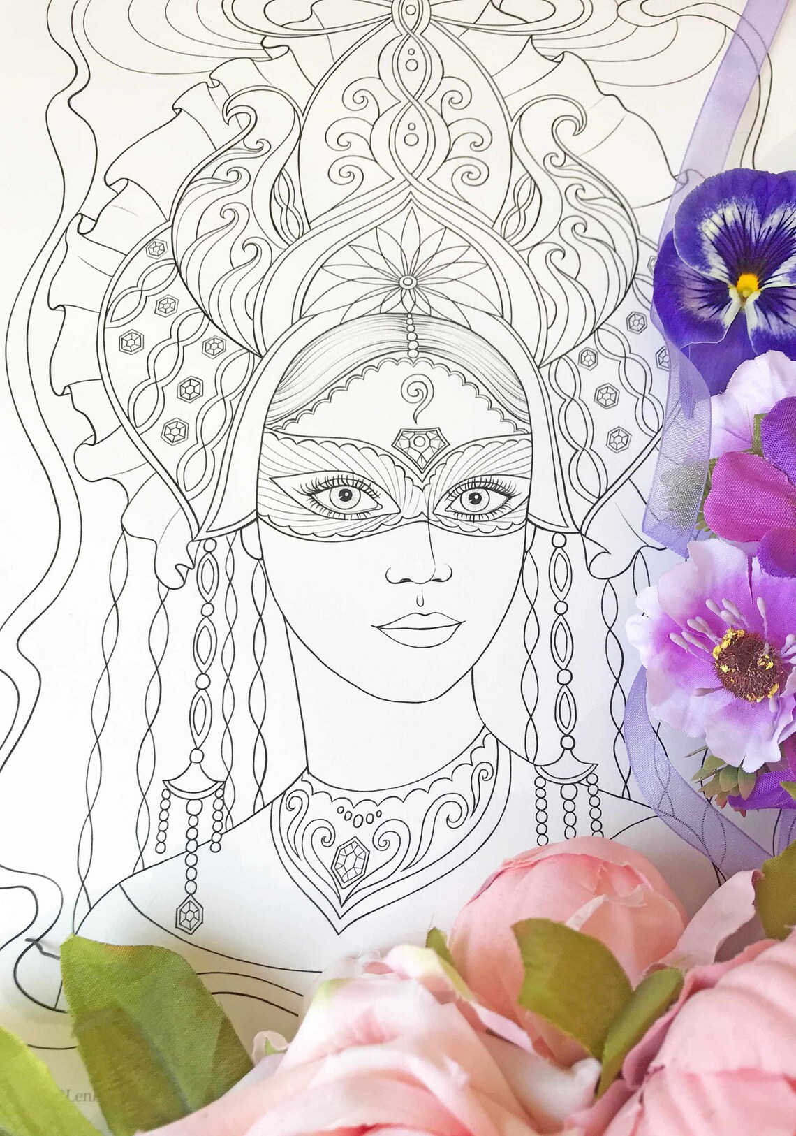 Coloring Page for Adults Lady Infinity With a Mask Line | Etsy