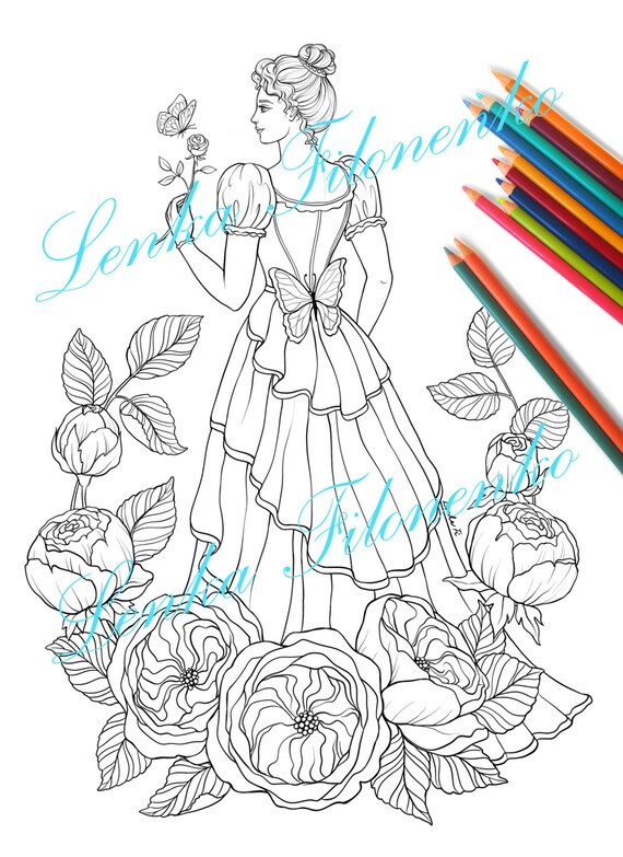 PDF download and print Lady with Basket of flowers Coloring for adults ...