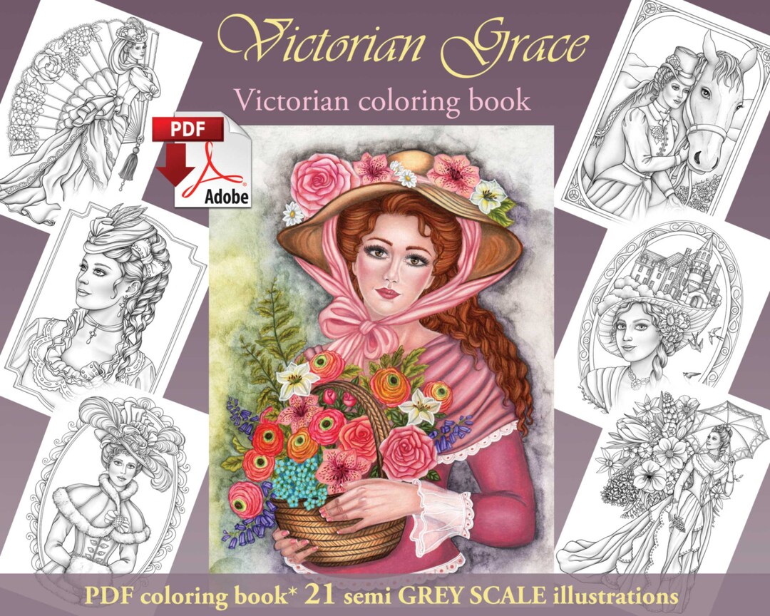 Victorian Grace GREY SCALE Pdf Adult Coloring Book Download and Print ...