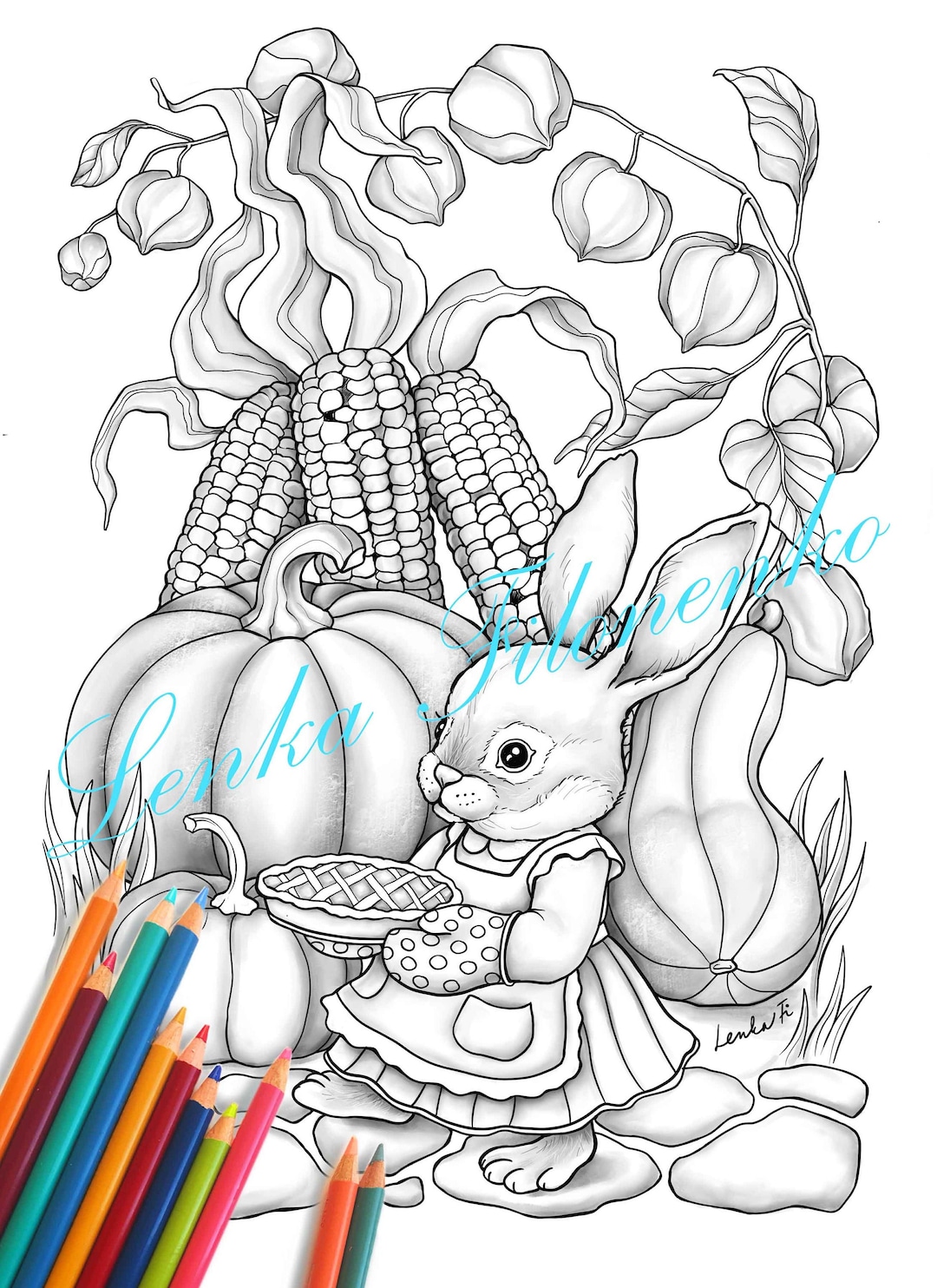 Thanksgiving Bunny Coloring Page for Adults GREY SCALE, PDF Download ...