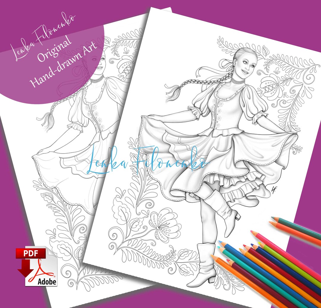 Folklore Dancer 2x Coloring Page – Line Art & Greyscale Adult Coloring ...