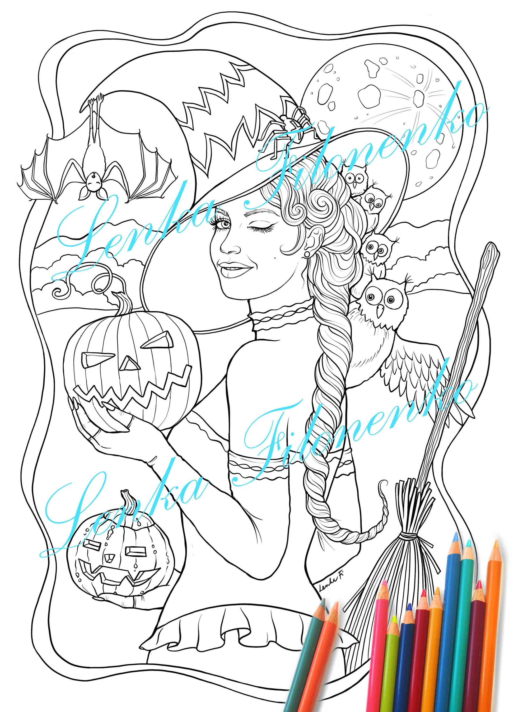 Halloween Witch Coloring Page for Adults Sexy Witch With Owls - Etsy