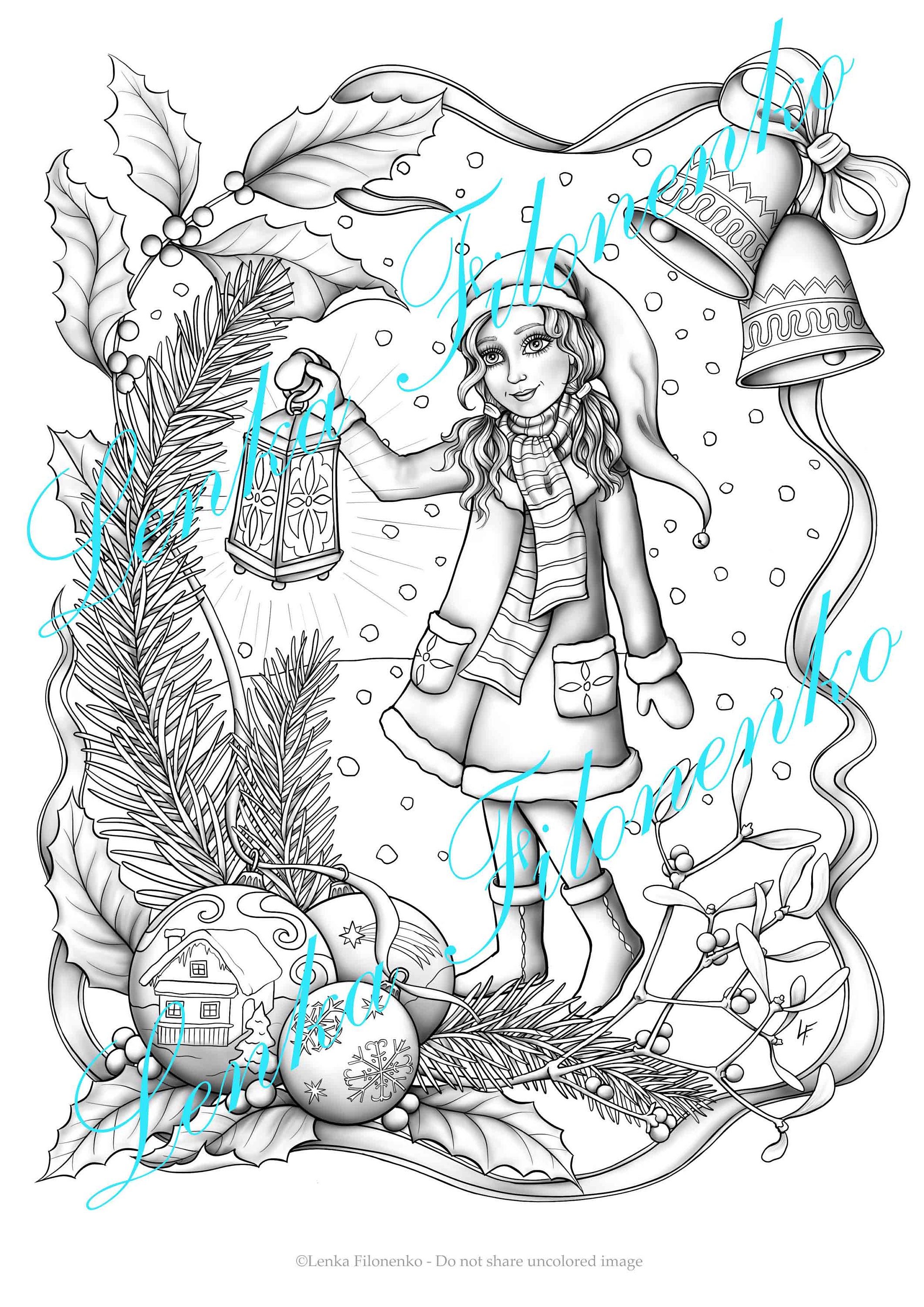 Coloring Page for Adults Christmas Girl With Lamp Grey Scale - Etsy
