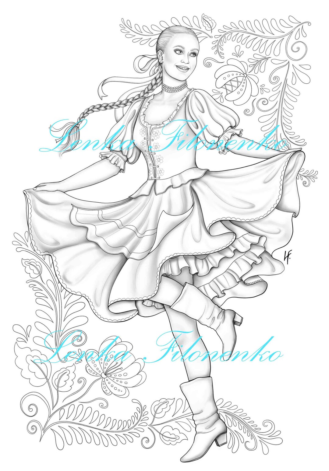 Coloring Page for Adults, Folklore Slovak Dancer - Greyscale, Coloring ...