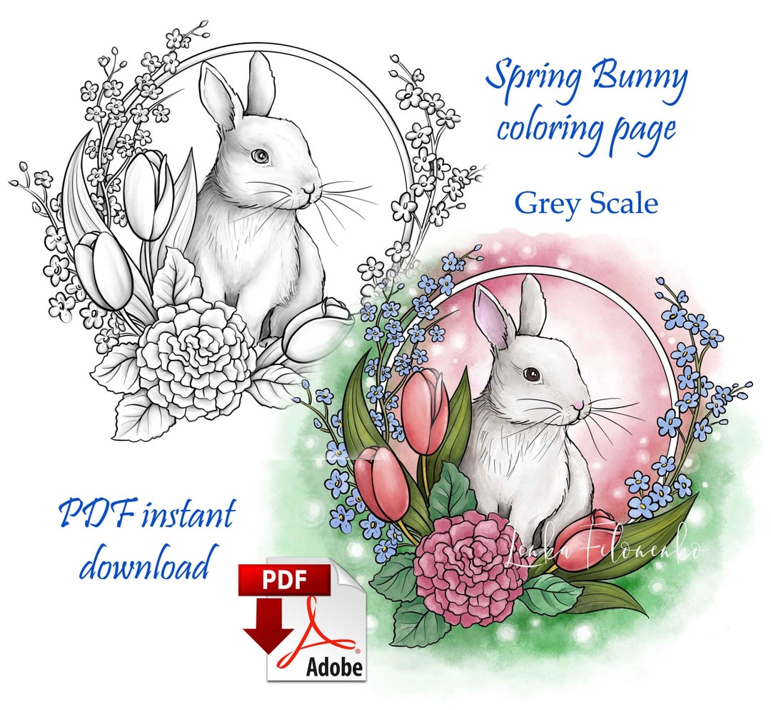 Coloring Page Grey Scale, Spring Bunny - PDF Download and Print - Etsy