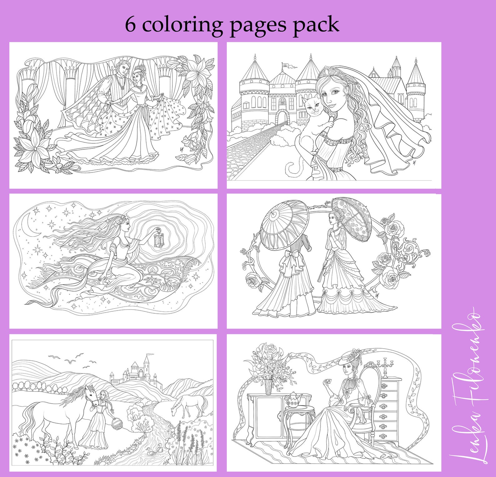 Set of 6 Coloring Pages Princess Line Art PDF Download and - Etsy