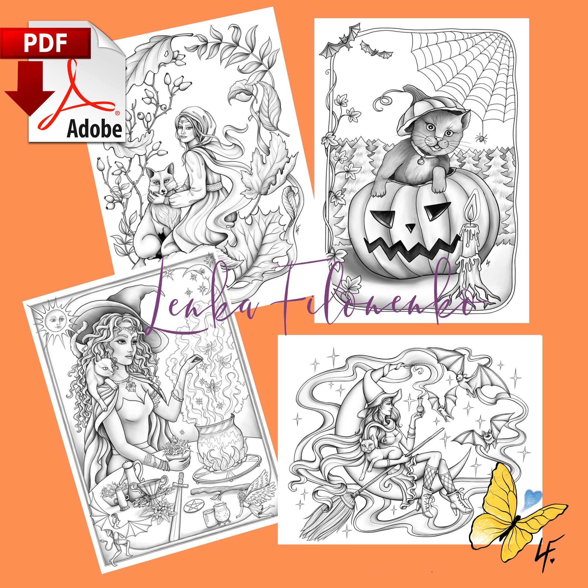 Set of 4 Coloring Pagesfall Witch Autumn Halloween GREY - Etsy