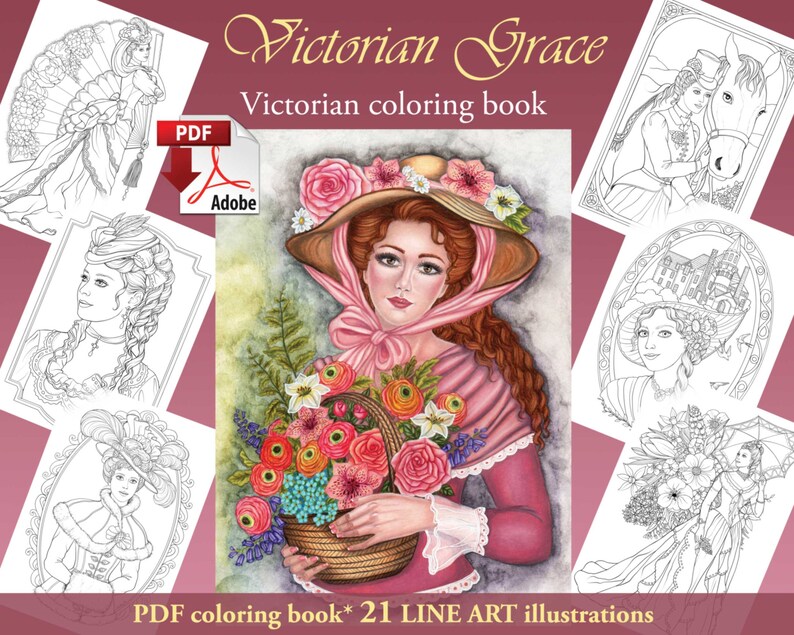 Victorian Grace LINE ART Pdf Adult Coloring Book Download and Print 21 ...