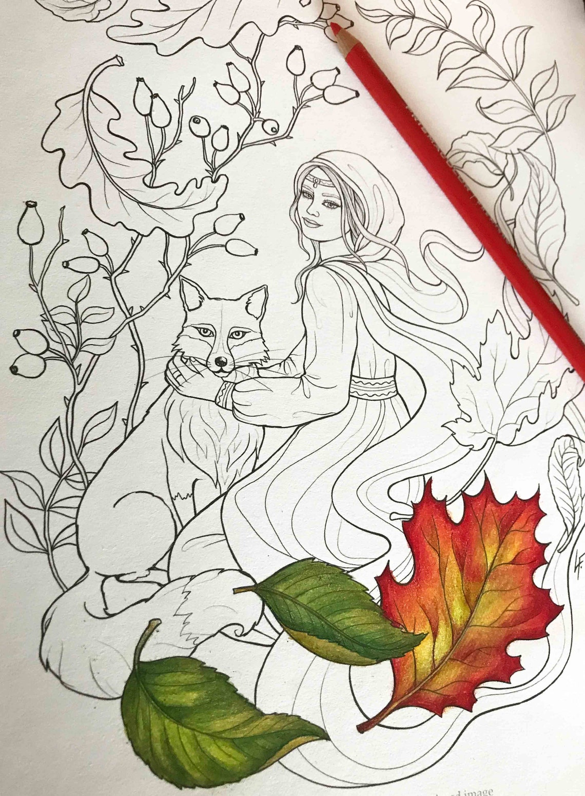 Coloring Page for Adults Fall Girl With Fox Line Art PDF | Etsy