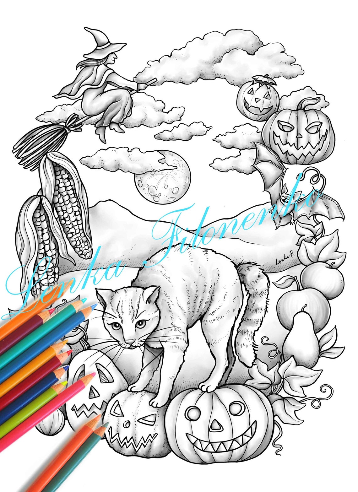 Halloween Cat Coloring Page for Adults GREY SCALE PDF | Etsy