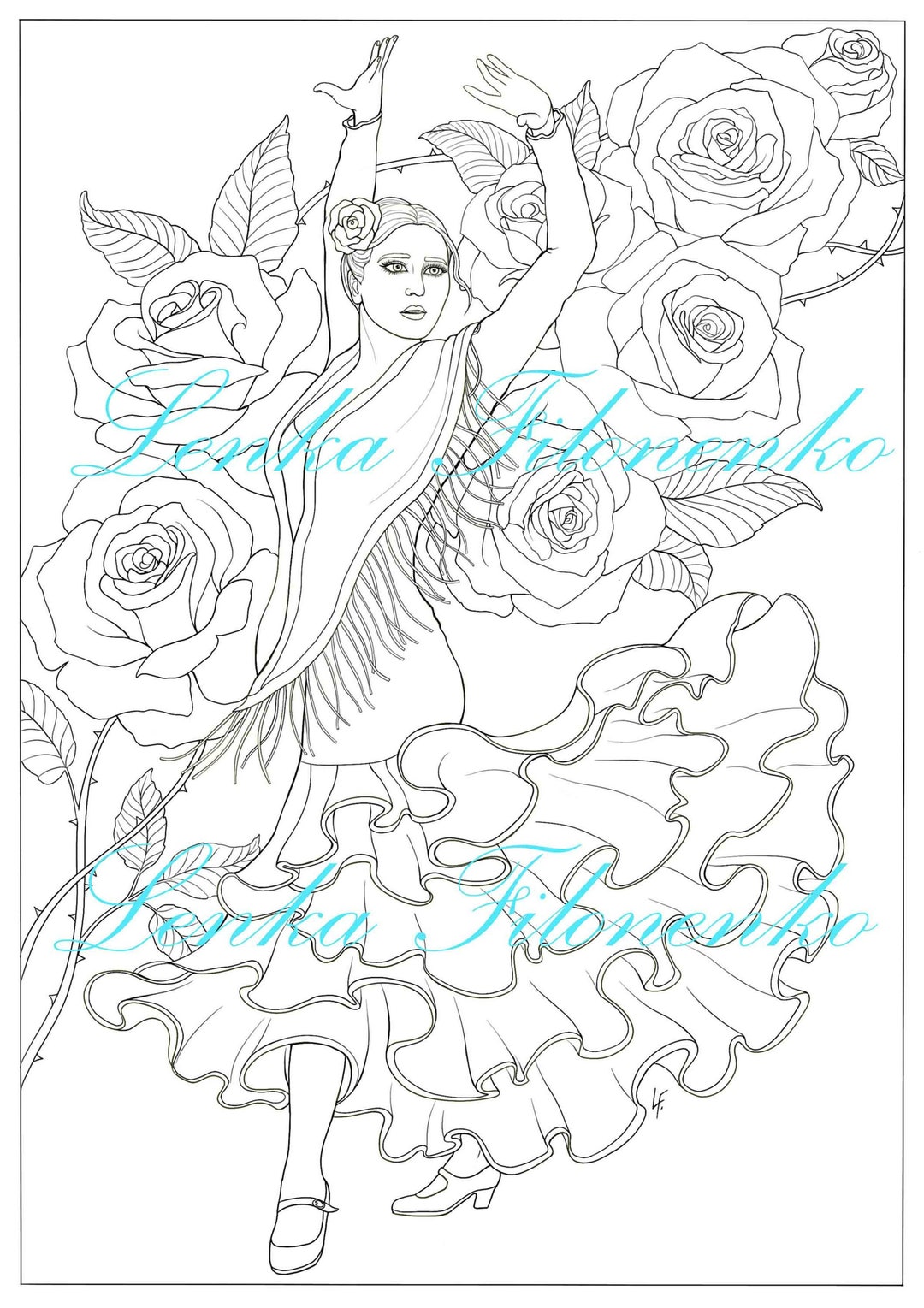 Coloring Page for Adults, Flamenco Dancer Line Art, PDF Download and ...