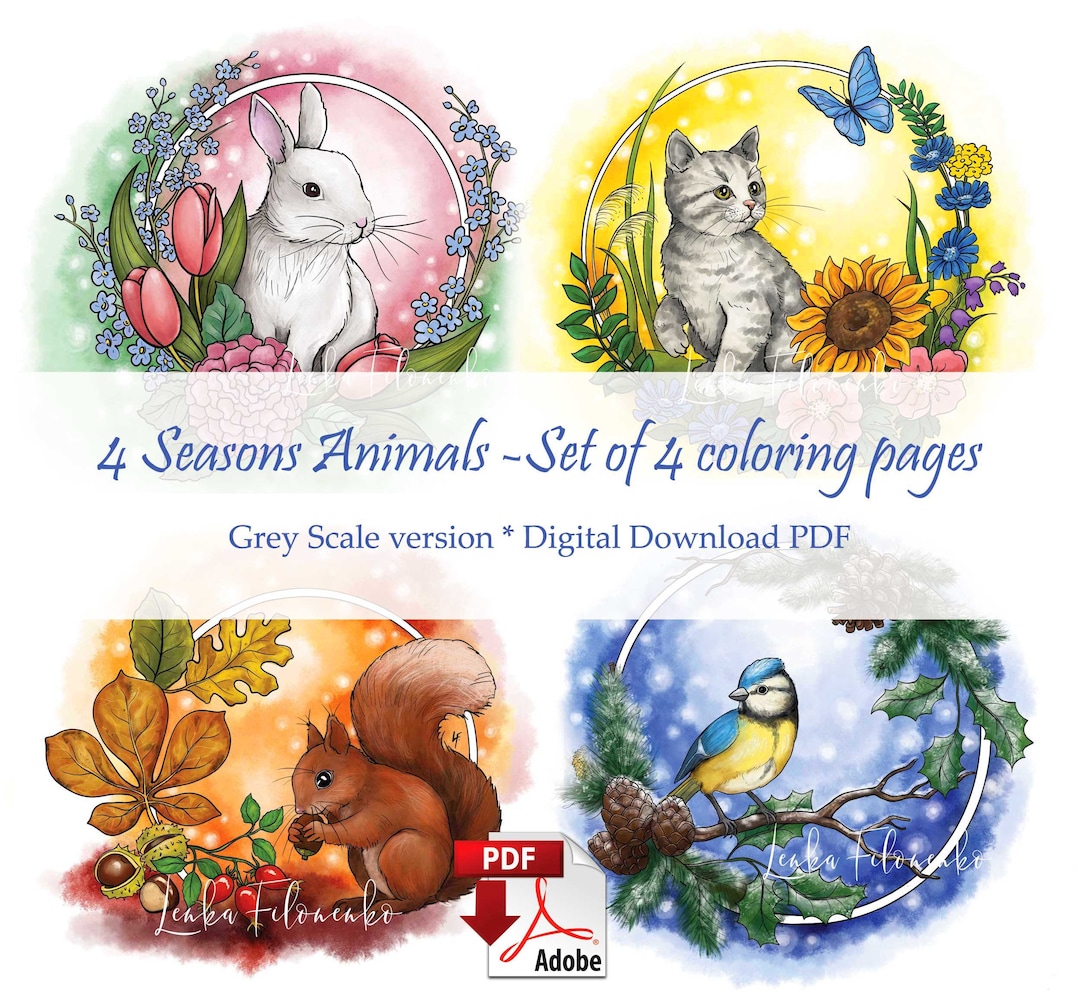 Four Seasons Animals Coloring Pages: Grey Scale (PDF Download) - Etsy