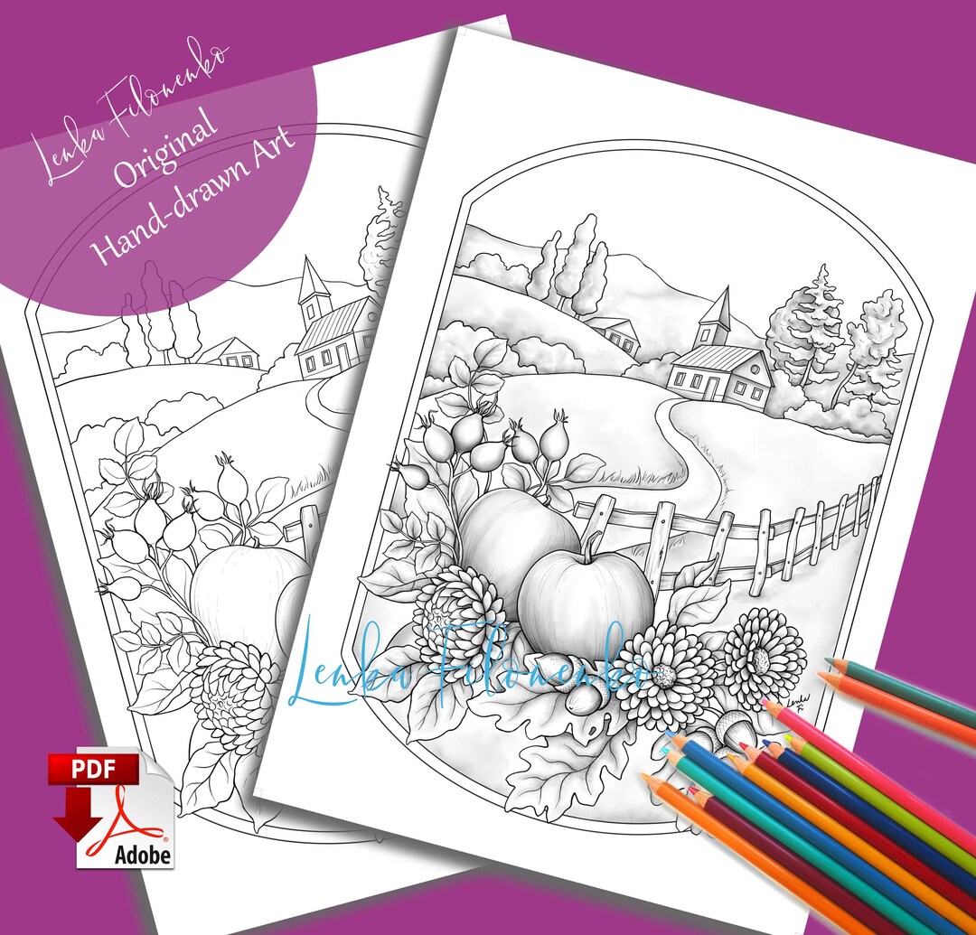 Autumn Landscape Coloring Page for Adults PDF | Grayscale & Line Art ...