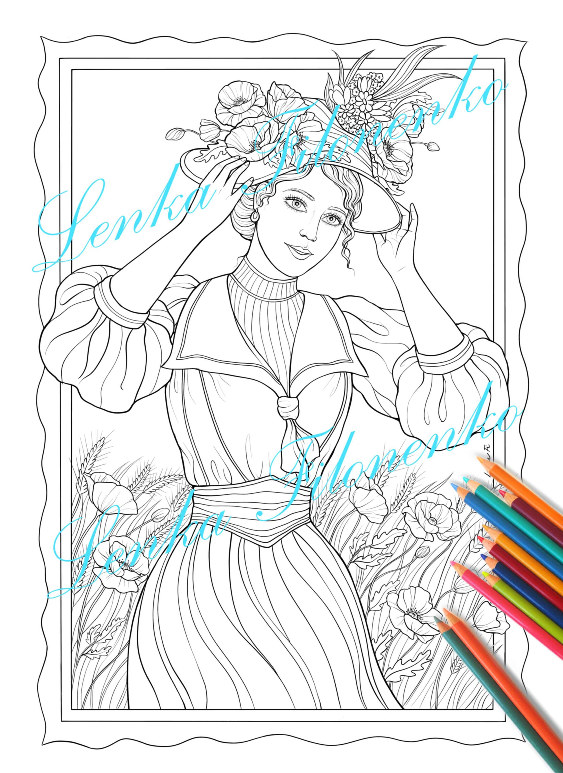Coloring Page for Adults Victorian Lady Line Art Lady With - Etsy