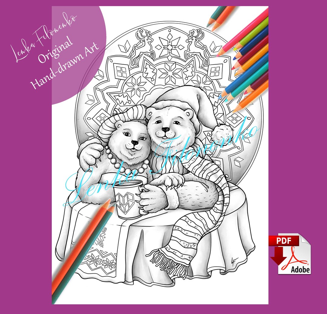 Christmas Coloring Page Winter Bears Couple, Greyscale PDF Download ...