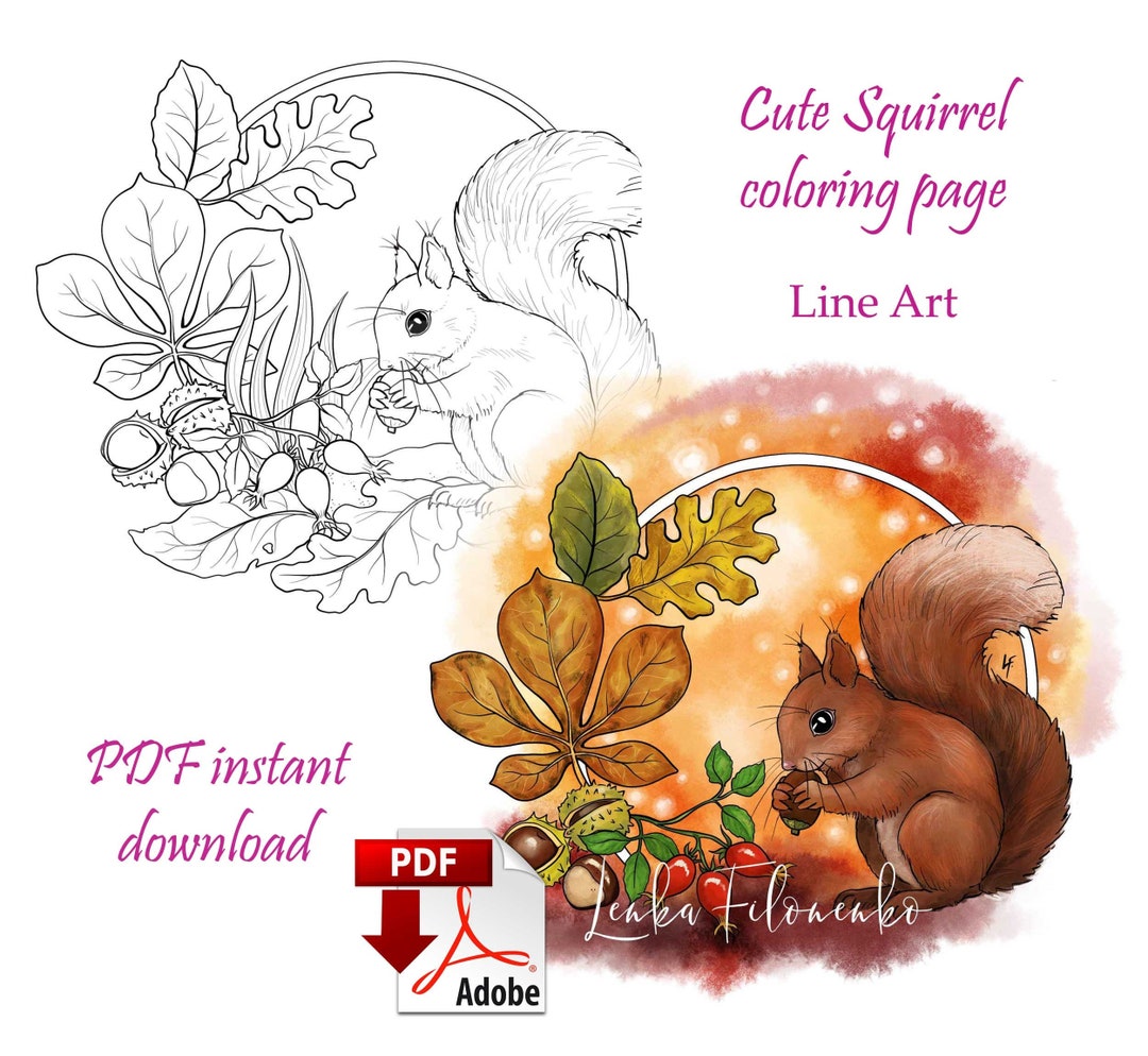 Coloring Page Line Art, Cute Squirrel Autumn Fall - PDF Download and ...