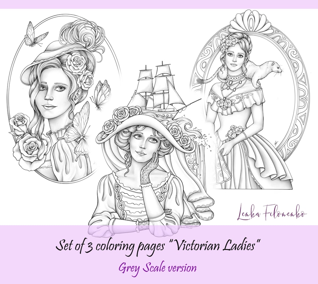 Victorian Ladies Coloring Pages: Grayscale Fashion Art (PDF Download ...